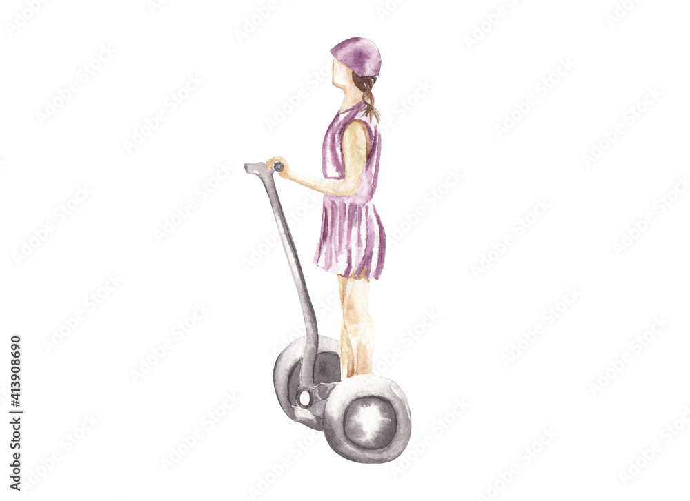 Woman on a segway illustration View from the side. Hand drawn hand ...