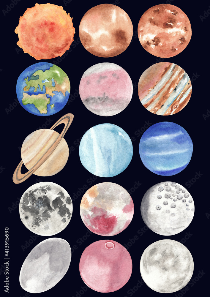Space poster with colorful watercolor planets, dwarf planets and sun ...