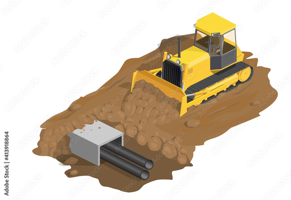 Vector illustration yellow isometric bulldozer. Icon yellow tractor ...