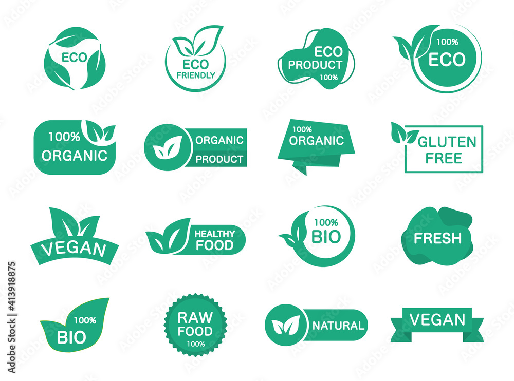 Set of organic, eco, vegan, bio food labels. Collection logos for ...