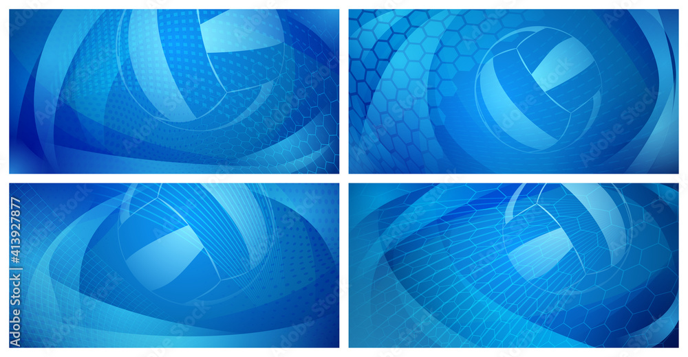 Set of four volleyball backgrounds with big ball in blue colors Stock ...