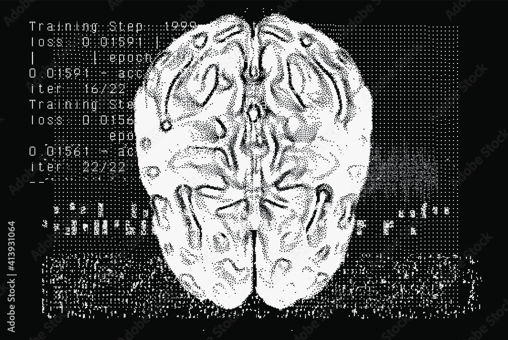 3D vector illustration of brain made of pixels and particles. Concept ...