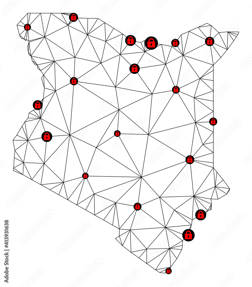 Polygonal mesh lockdown map of Kenya. Abstract mesh lines and locks ... Polygonal mesh lockdown map of Kenya. Abstract mesh lines and locks ...