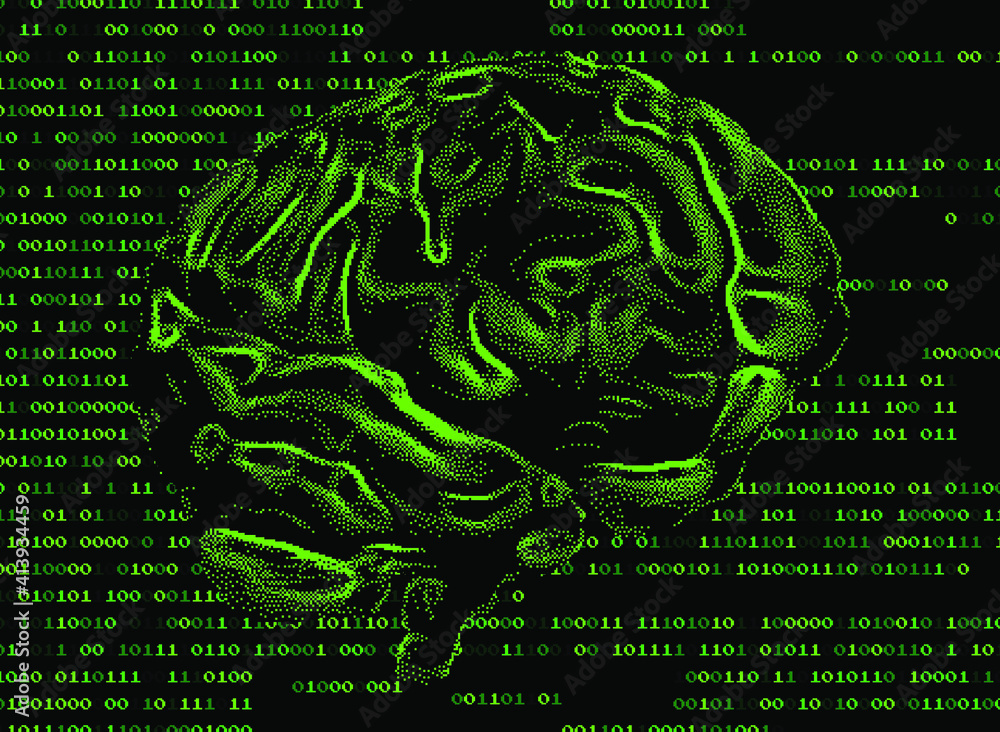 Human brain on the dark background with binary code. 3D illustration of ...