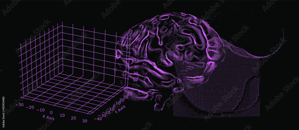 3D vector illustration of brain made of pixels and particles. Concept ...