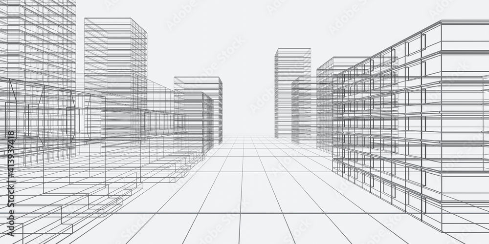 architecture wire mesh model draft buildings city scape with black ...
