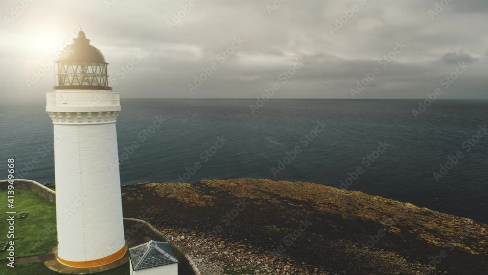 White lighthouse at sun sea bay closeup aerial. Nobody nature seascape ...