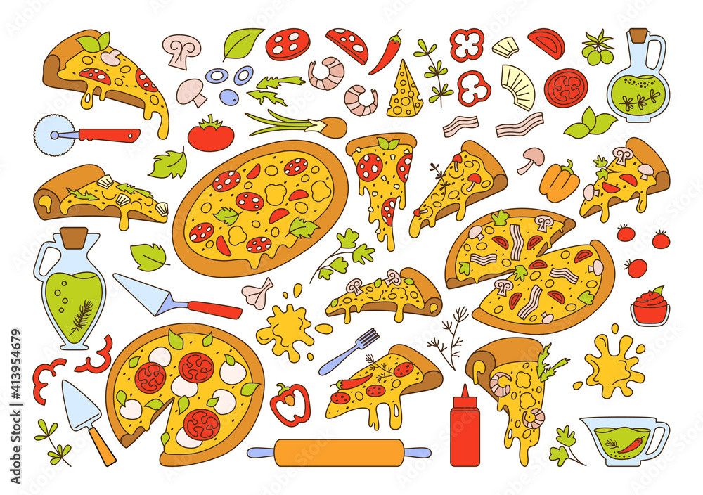 Pizza retro line cartoon set. Italian hand drawn pizzas with greens ...