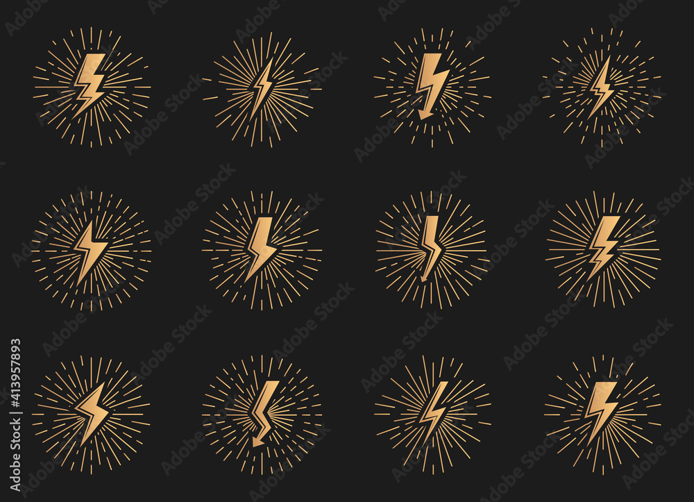 Set of gold vintage lightnings sign with sunburst effect. Retro icons ...