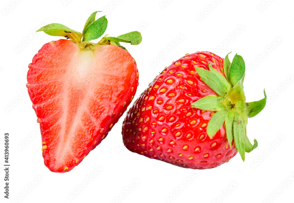 Strawberries cut in half that are completely separated from the white ...