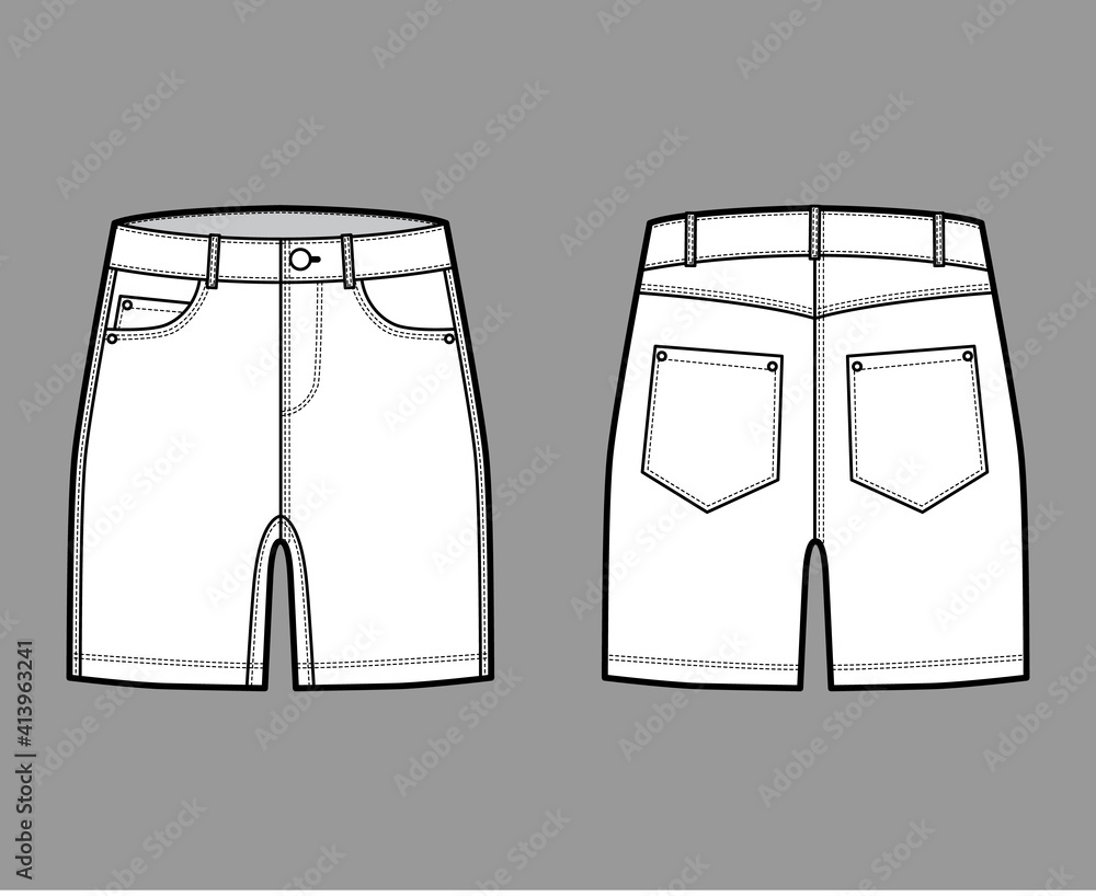 Denim short pants technical fashion illustration with mid-thigh length ...