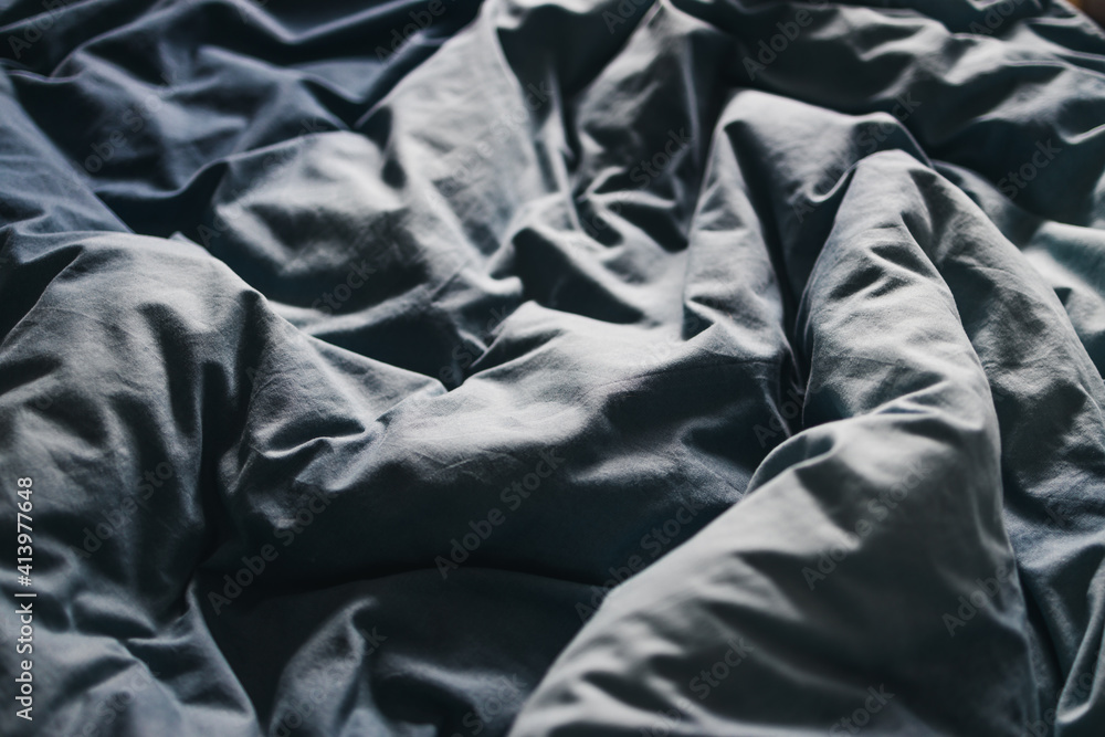 sleep or couples life, messy queen size bed with blue quilt cover and ...