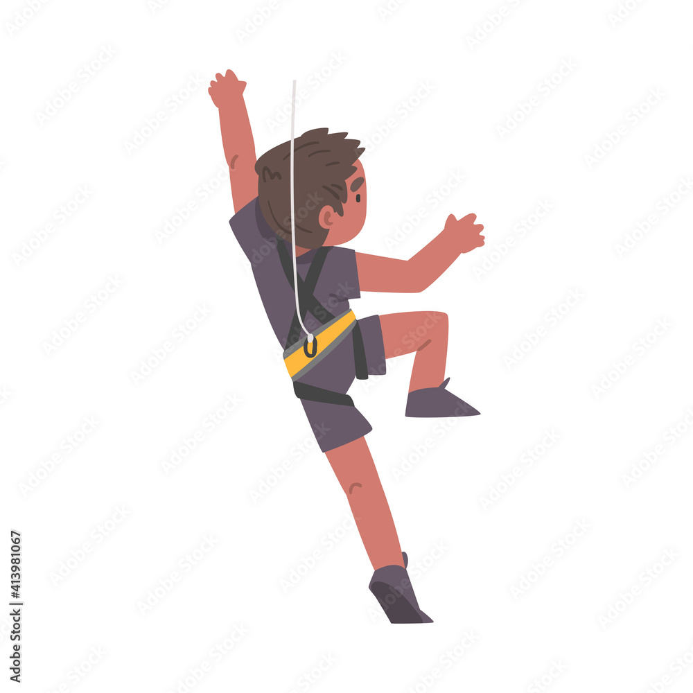 Back View of Cute Little Boy Climbing Wall, Kid Climber Character Doing ...