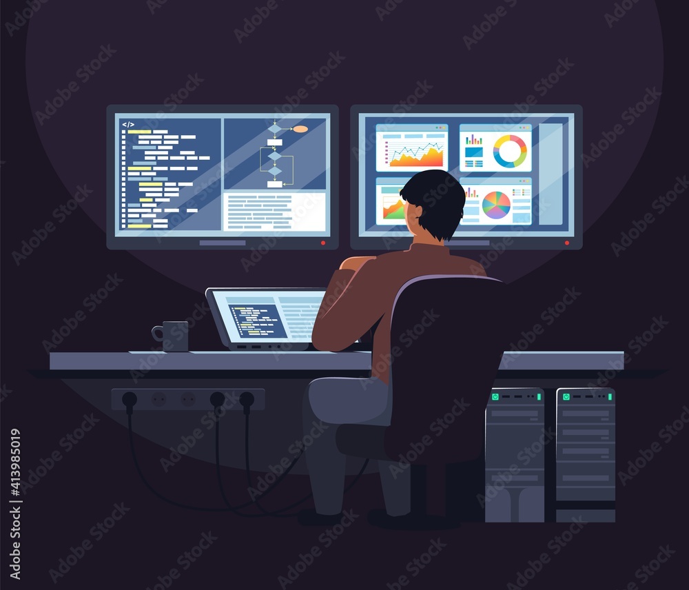 System administrator, programmer male cartoon character sitting at ...