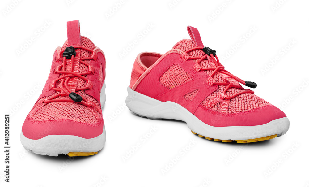 Red sneakers white background isolated close up front side view, pink ...