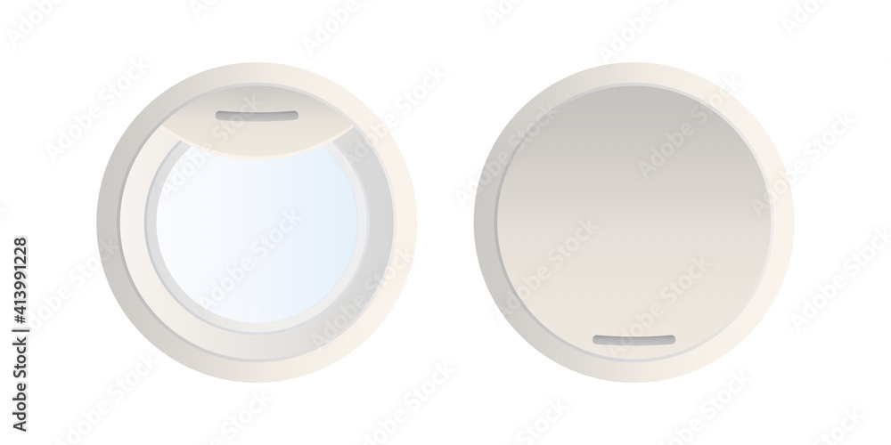 Realistic gray porthole isolated on white background. Open and closed window of a spaceship or ...