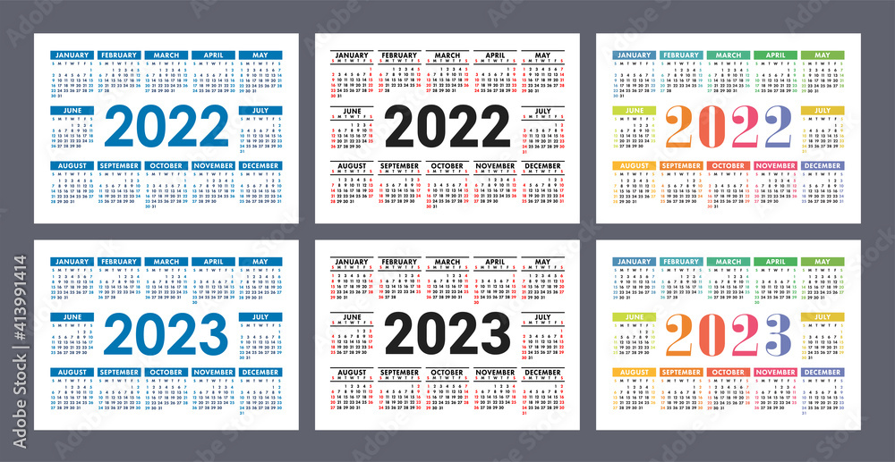 Calendar 2022 and 2023 years. English colorful vector set. Horizontal ...