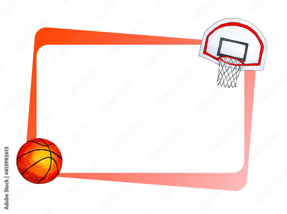 Watercolor horizontal sports basketball frame, with orange ball and ...