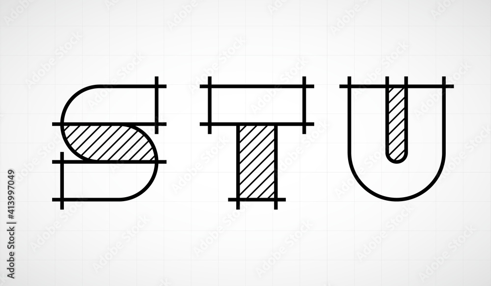 Architech font. Letters STU. Graphic black and white alphabet. Linear ...