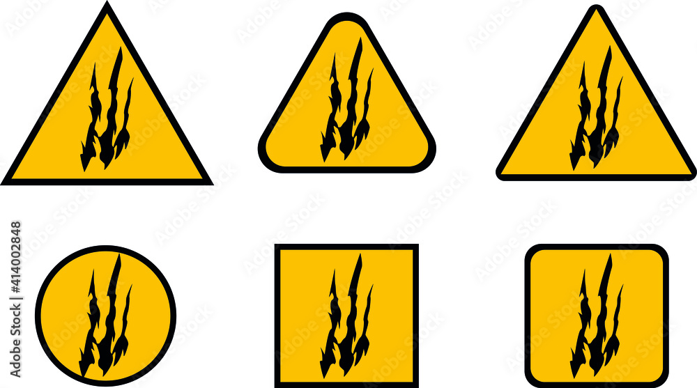 6 different types of danger signs wild animals on black and yellow ...