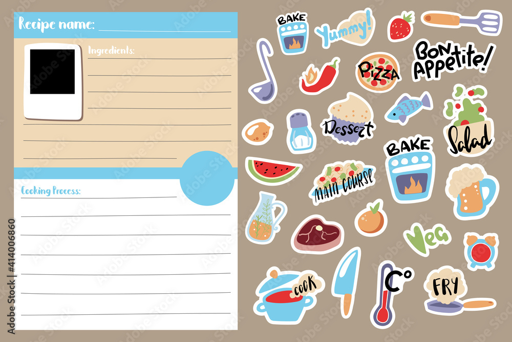 Recipe card template and food cooking stickers. Cook book page vertical ...