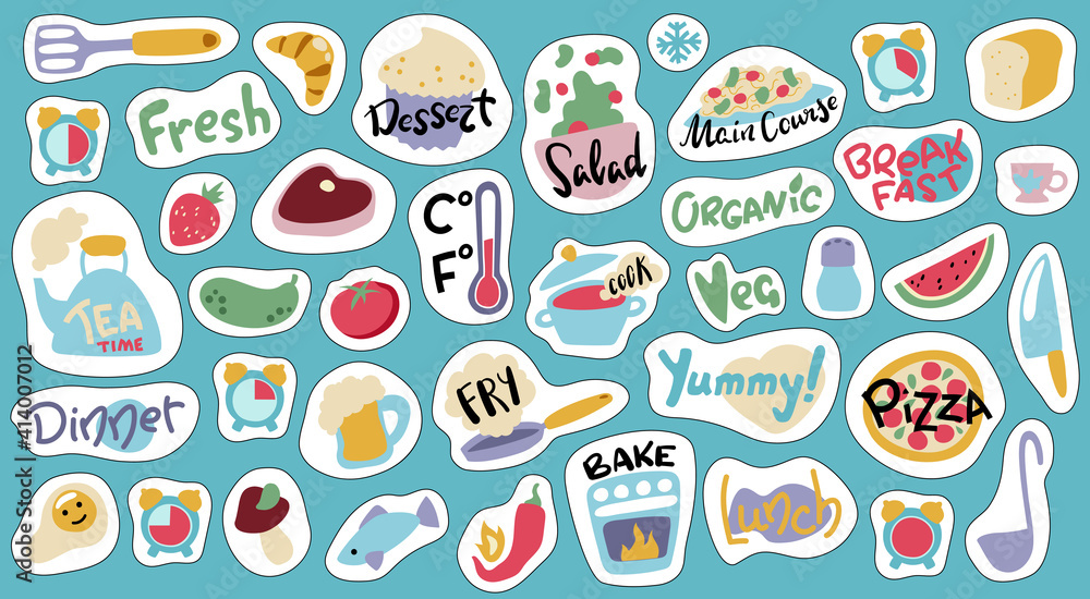 Food cooking stickers, vector illustration with white outline. Doodle ...