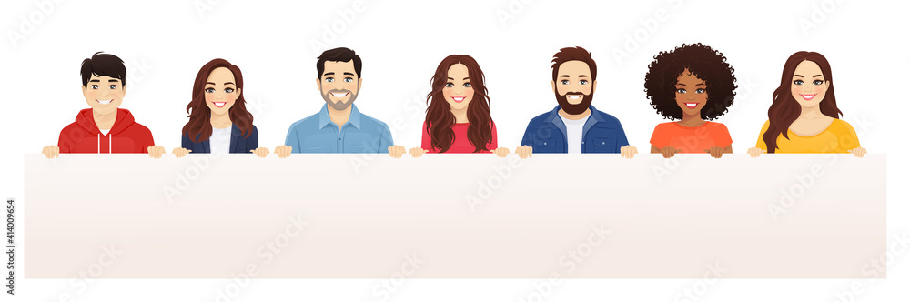 Happy smiling group of friends holding empty blank placard or board ...