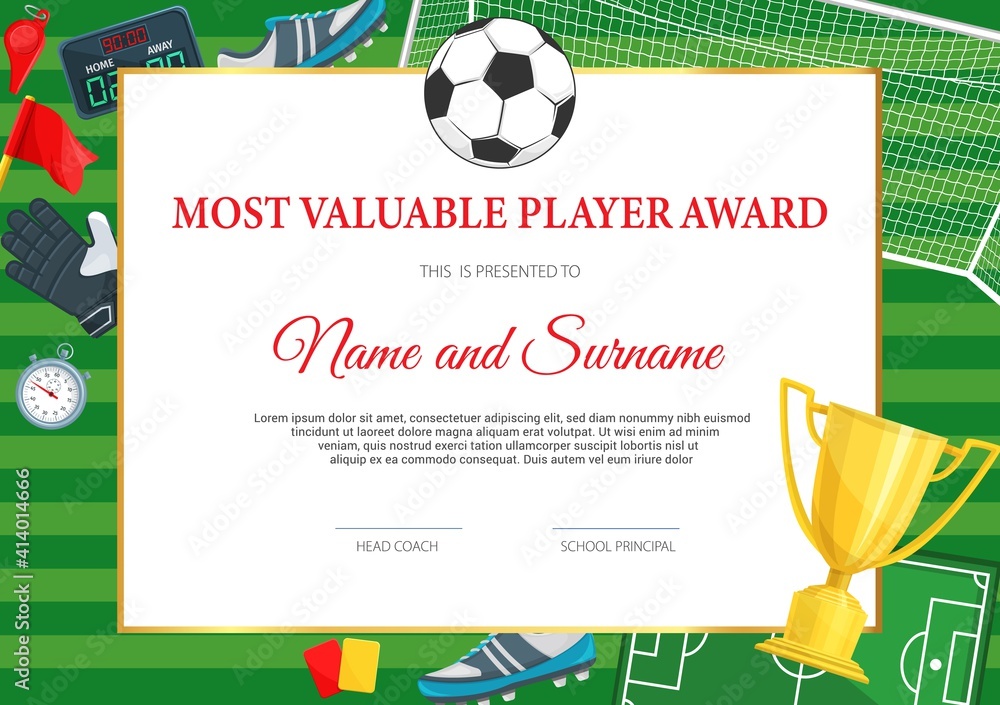Certificate of achievement in soccer game. Football player diploma ...