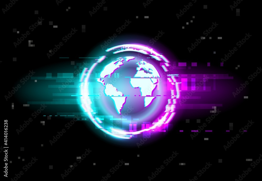 Stockvector Glitch, globe map background, digital noise pixels on TV ...