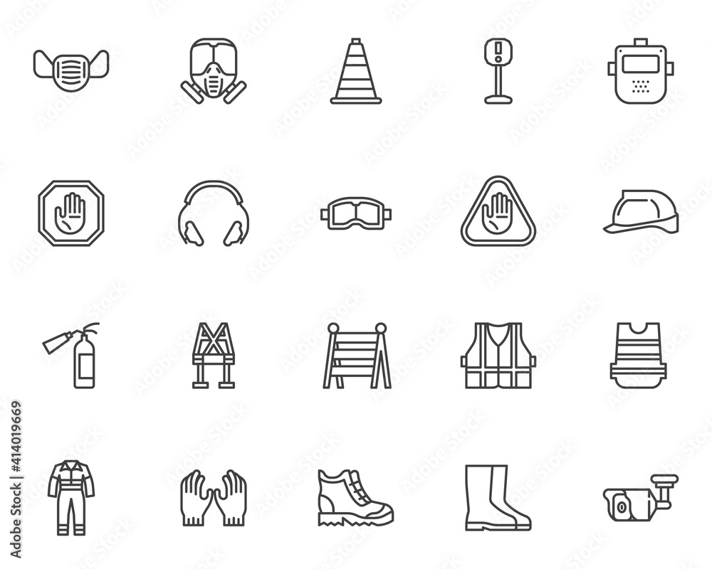 Safety workwear line icons set. Mandatory linear style symbols ...