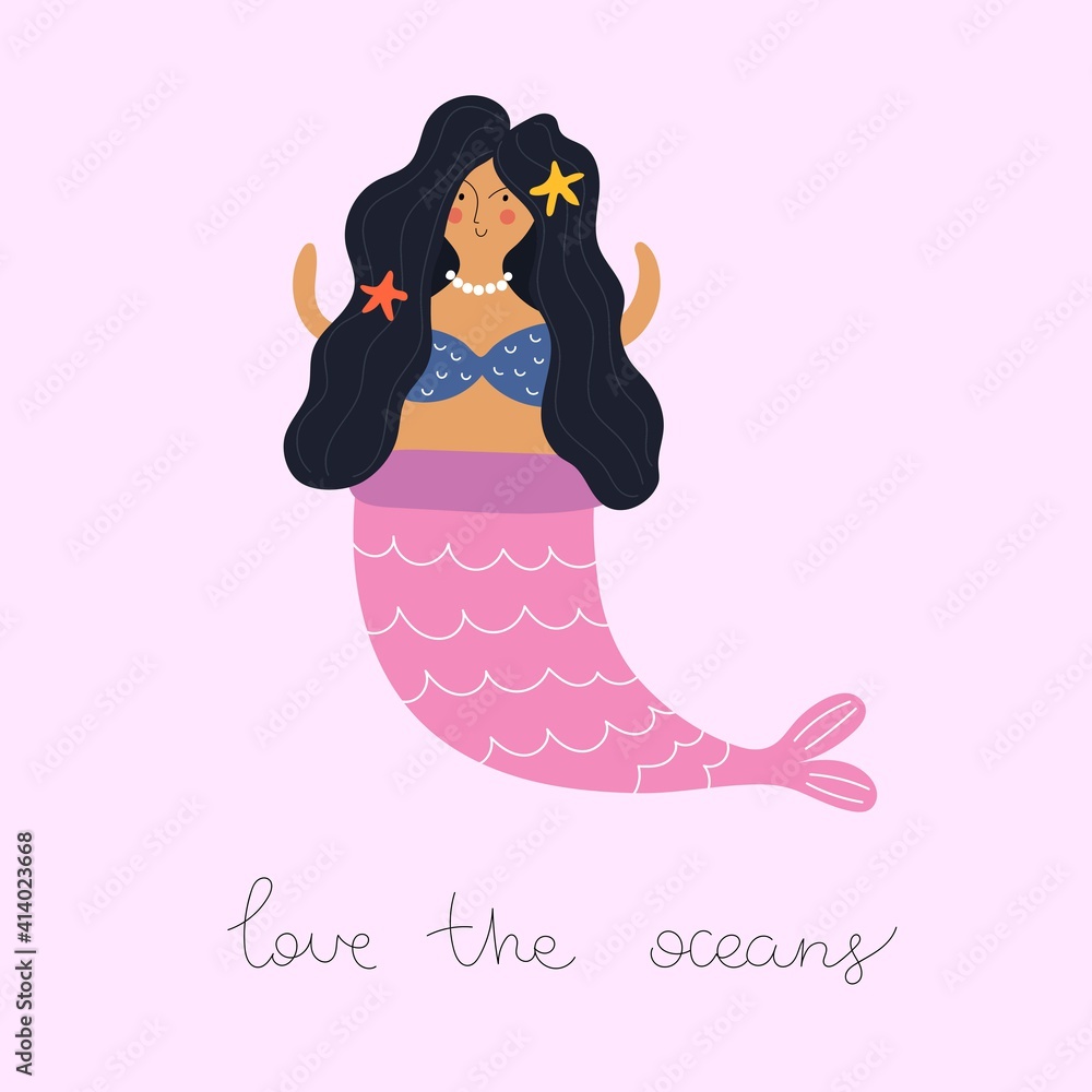 cartoon mermaid, hand drawing lettering. Flat style vector illustration ...