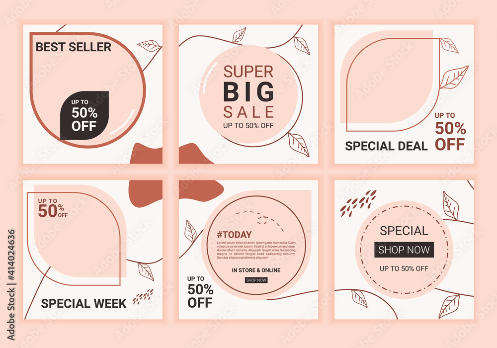 Social media endless feed template with pink pastel color. Set of ...