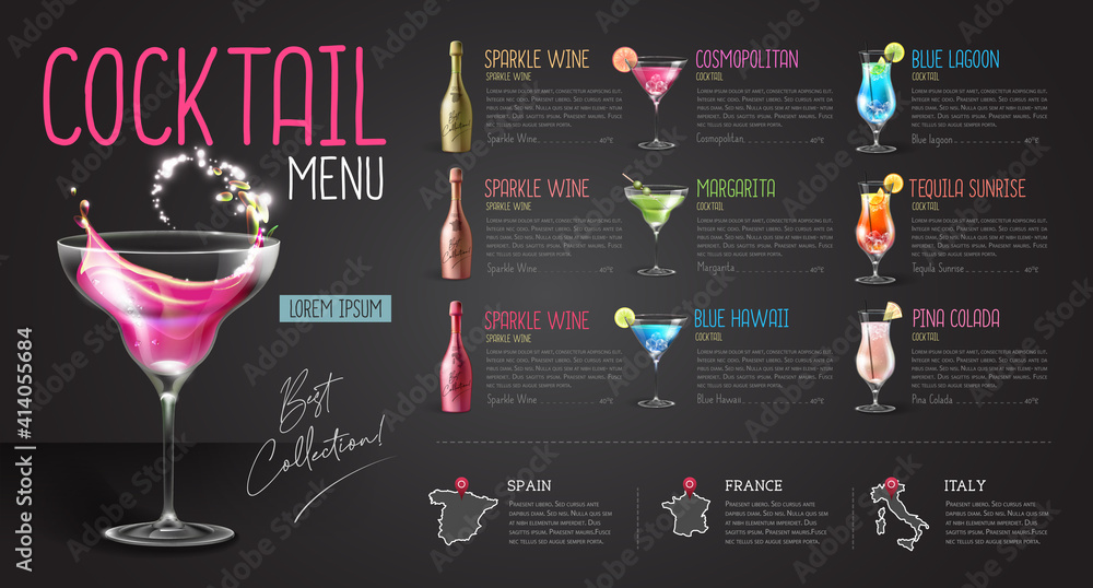 Cocktail menu design with realistic cocktail glasses and bottles. Chalk ...