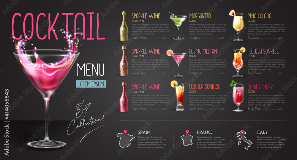 Cocktail menu design with realistic cocktail glasses and bottles. Chalk ...