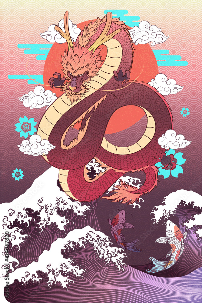 Abstract Art Japanese Flying Dragon with Red Sun Surrounded with A ...