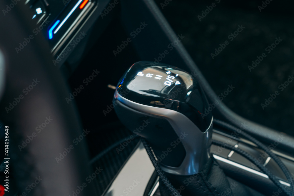 Gear Shift Selector. Gear lever close up. Modern Automatic Transmission ...
