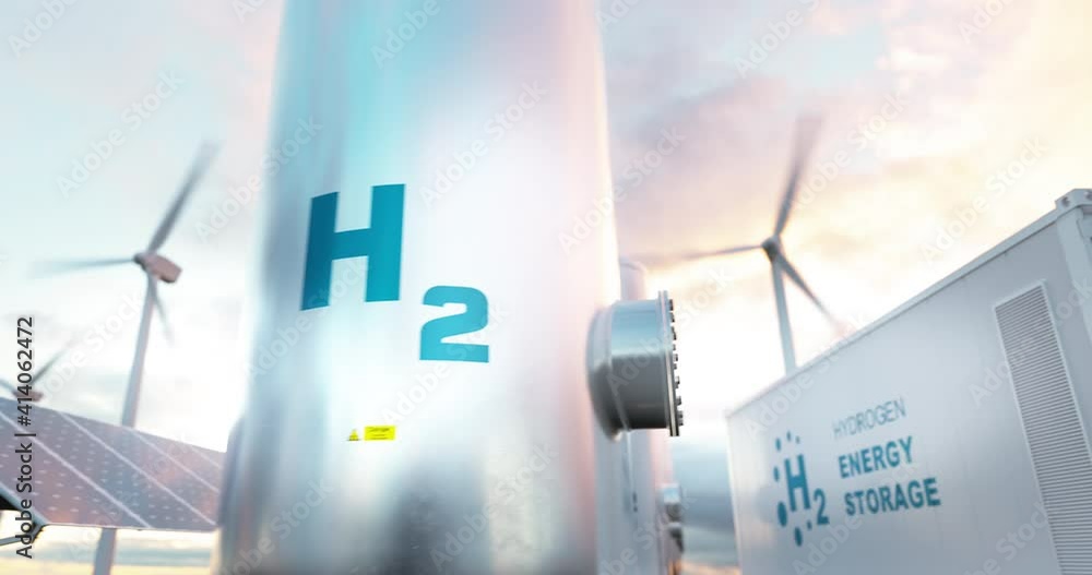 Hydrogen energy storage gas tank with solar panels, wind turbine and ...