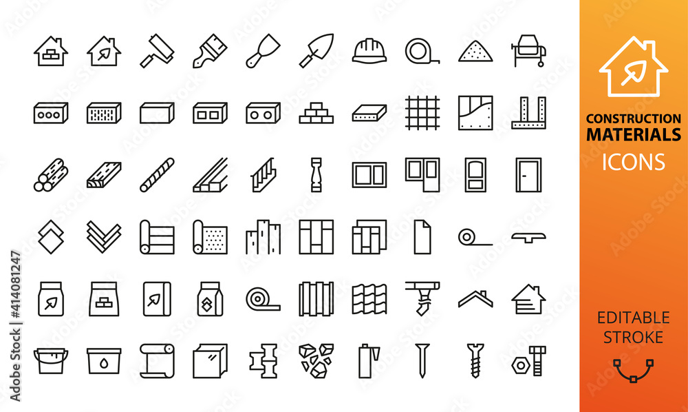 Construction materials isolated icon set. Set of building tools, blocks ...