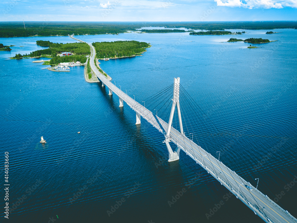 Aerial view of cable-stayed Replot Bridge, suspension bridge in Finland ...