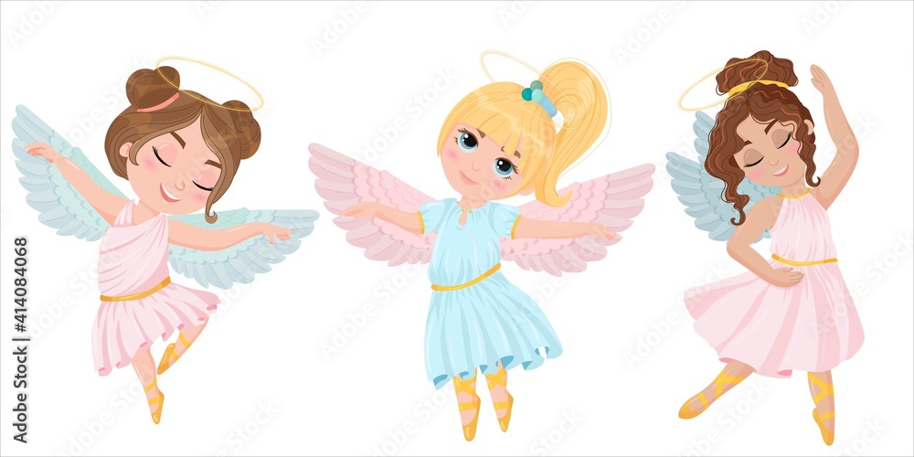 Set of Dancing Angels. Wings and halo. Children are dressed like angels ...