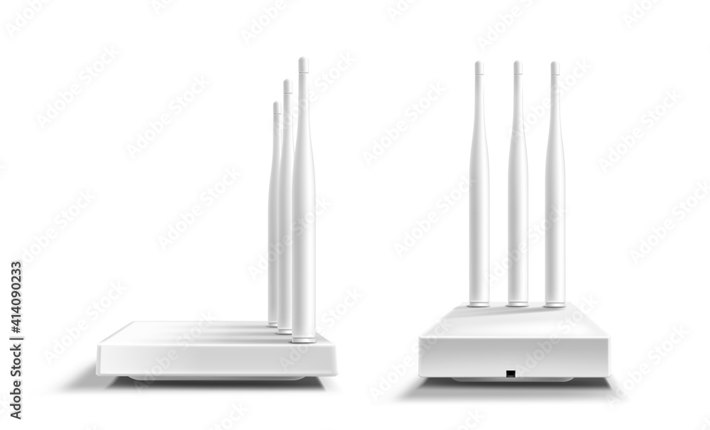 Wifi router front and side view mockup, blank home device with antennas ...