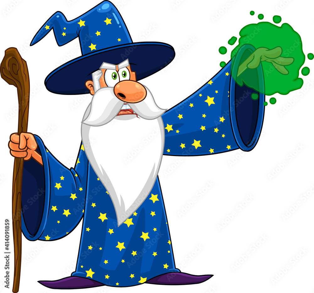 Wizard Cartoon Character With A Cane Making Magic. Vector Illustration ...