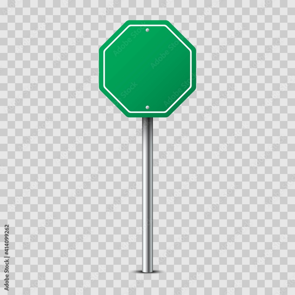 Realistic green hexagonal traffic sign on metal pole isolated on ...