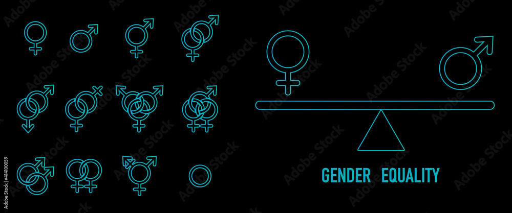 Gender equality, outline gender icons set with scale represent gender ...