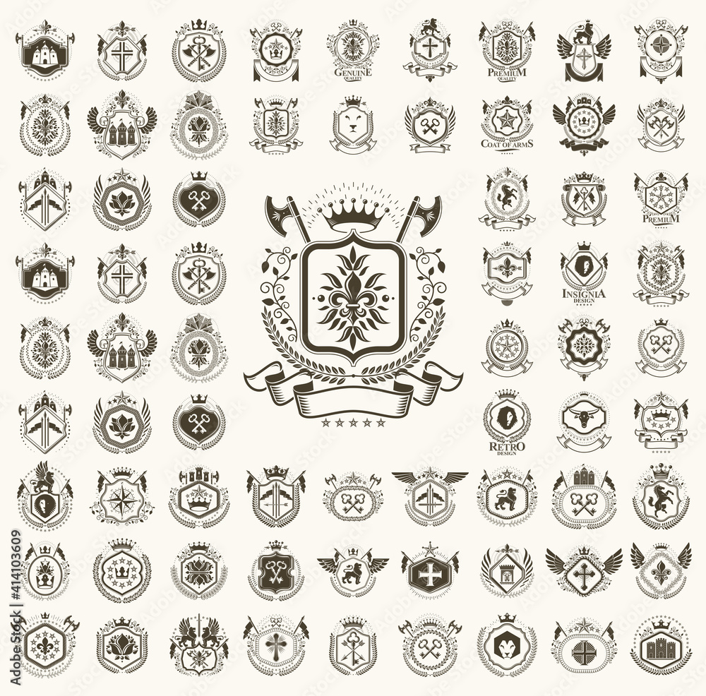 Classic style emblems big set, ancient heraldic symbols awards and ...
