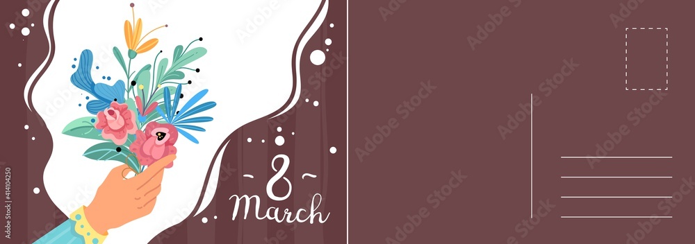 8 March day card. Hand holds a bouquet with flowers. Holiday letter ...