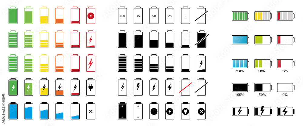 Set of capacity battery icons. Mobile phone charge level illustration ...