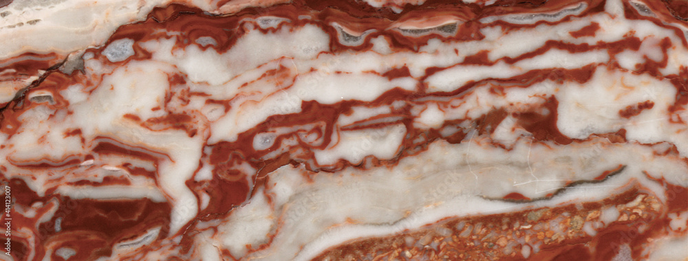 Coral red marble texture background with aqua curly veins, panoramic ...
