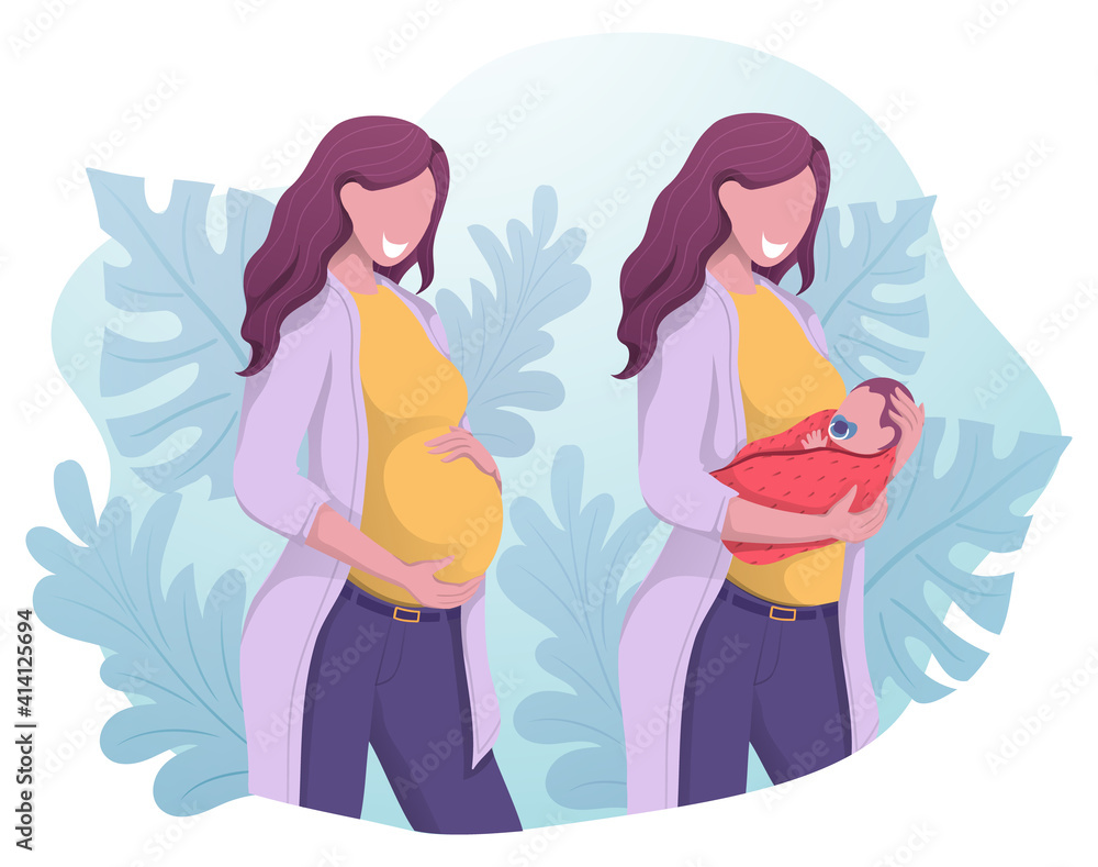 Happy pregnant mother give birth to newborn child. Vector flat ...