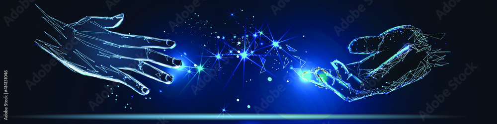 Human touch hands, vector poster banner design template. Low poly art ...